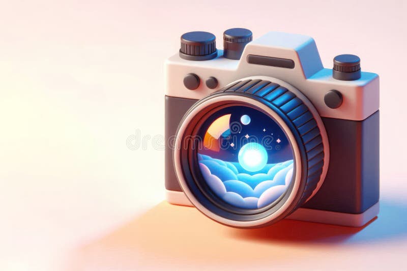 Cartoon Photo Camera with the Image of Clouds in the Lens. Space for ...