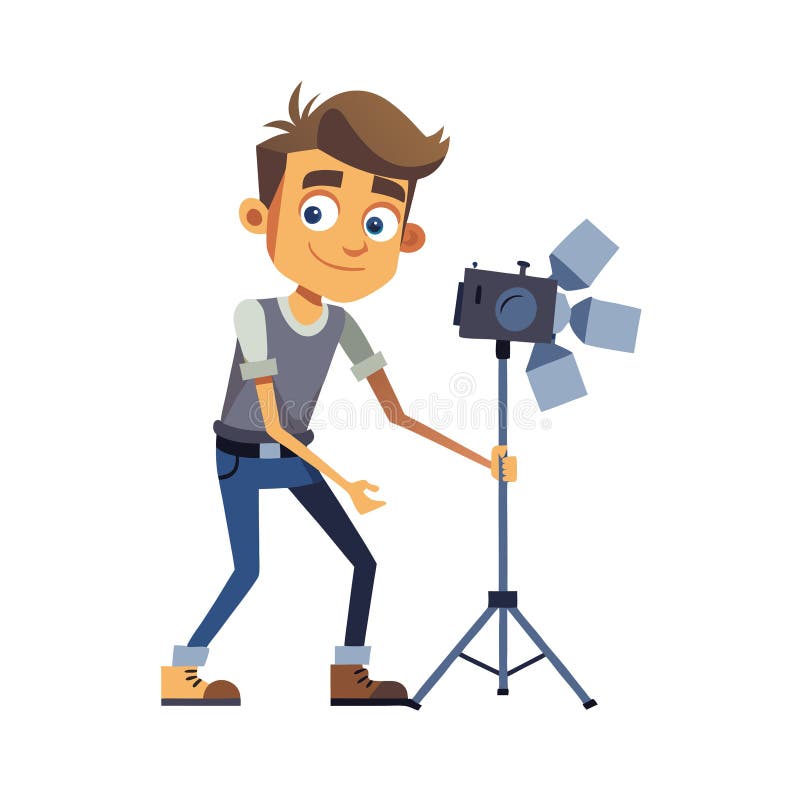 Cartoon Photographer Adjusting Light: Behind-the-Scenes Vector ...