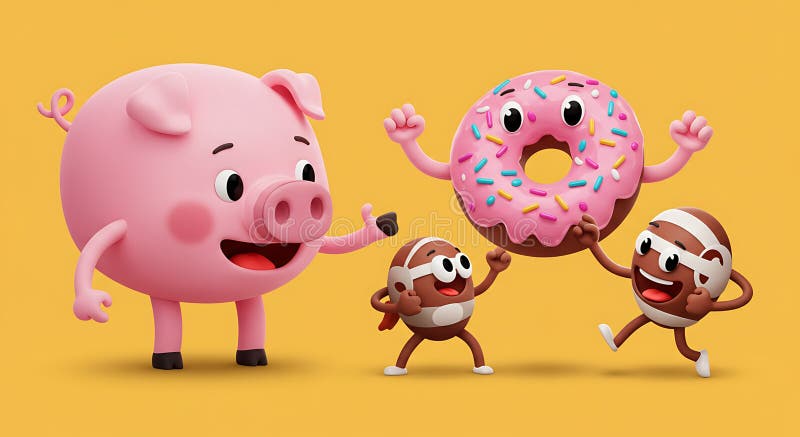 Cartoon Pig with Donut and Sweets Characters on Yellow Background Stock ...