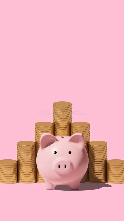 Cartoon Pig Face Over Coin Stack on Pink and Gray Background with ...
