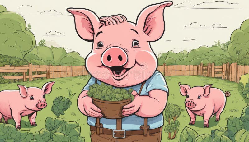 A Cartoon Pig Holding a Basket of Vegetables Stock Illustration ...