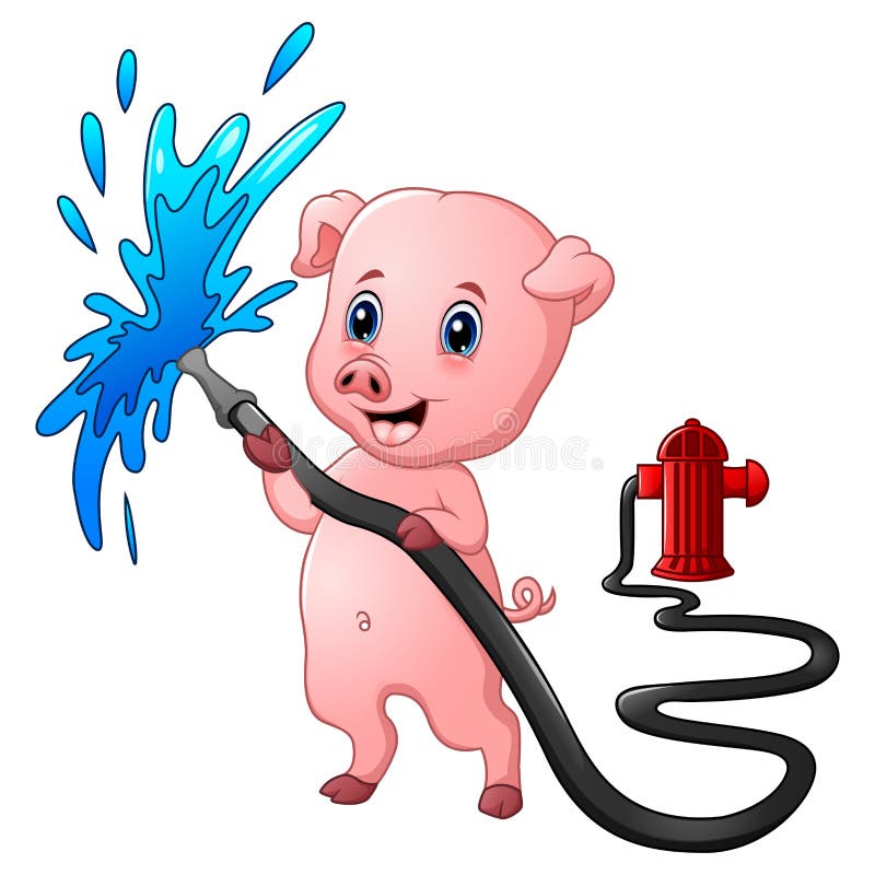 Cartoon Pig with Hose Spraying Water and Fire Hydrant Stock Vector ...