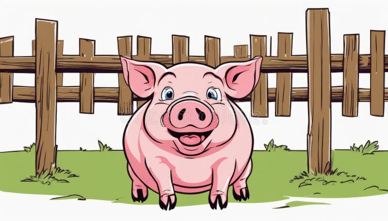 A Cartoon Pig Looking Over a Fence Stock Illustration - Illustration of ...