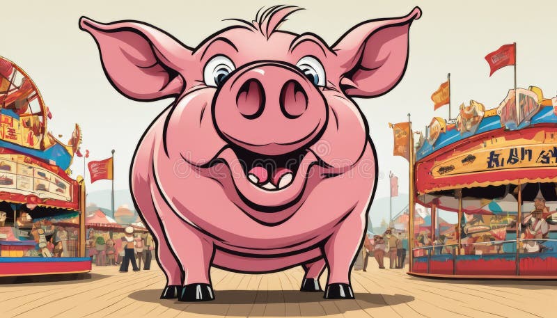 A Cartoon Pig Standing in Front of a Carnival Ride Stock Illustration ...