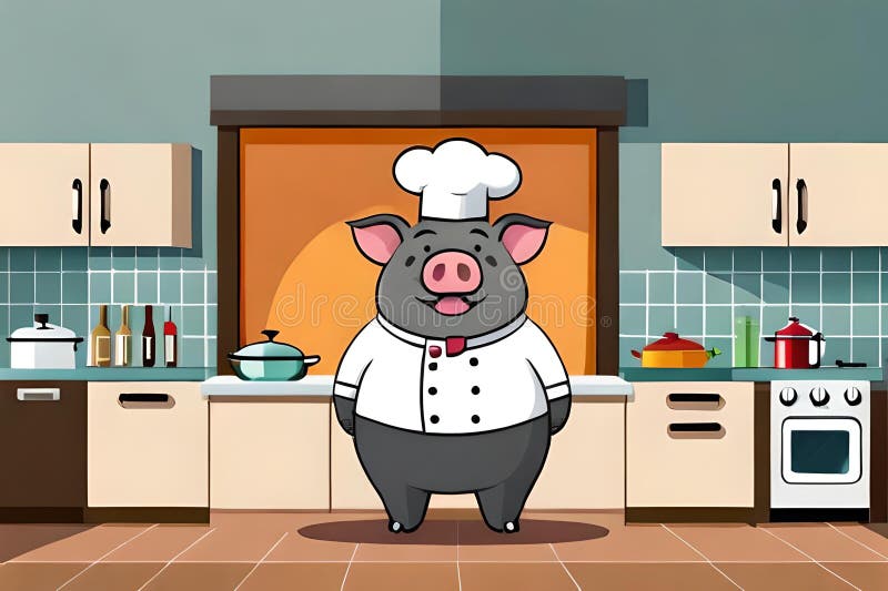 Cartoon of a Pig Working As a Chef in the Kitchen. Stock Illustration ...