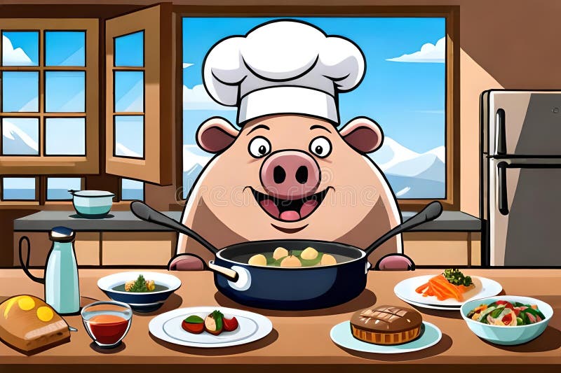 Cartoon of a Pig Working As a Chef in the Kitchen. Stock Illustration ...