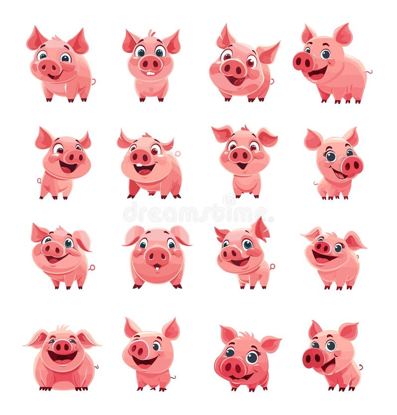 Cartoon Piglet Avatar Set. Illustrations in Various Poses. Isolated ...