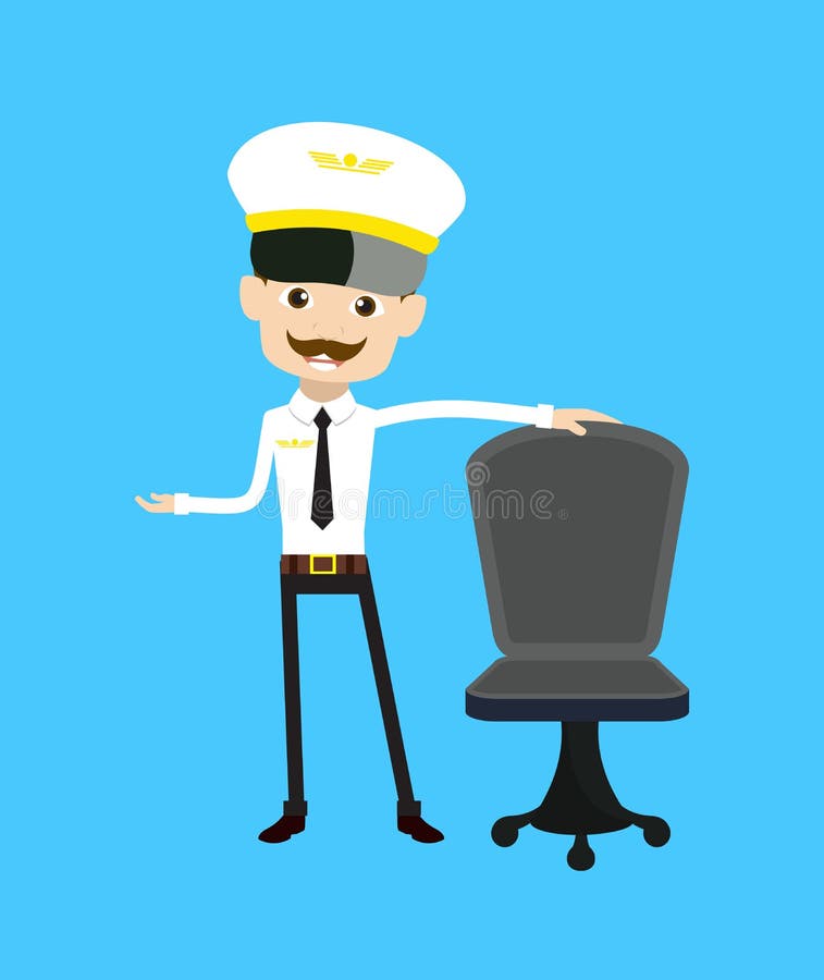 Cartoon Pilot Flight Attendant - Standing with Chair and Gesturing with ...
