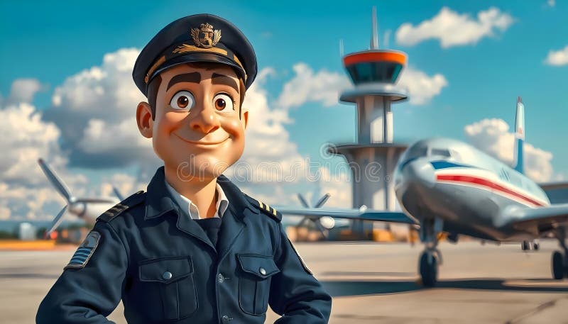 Cartoon Pilot in Uniform Standing in Front of Airplane on Runway Stock ...