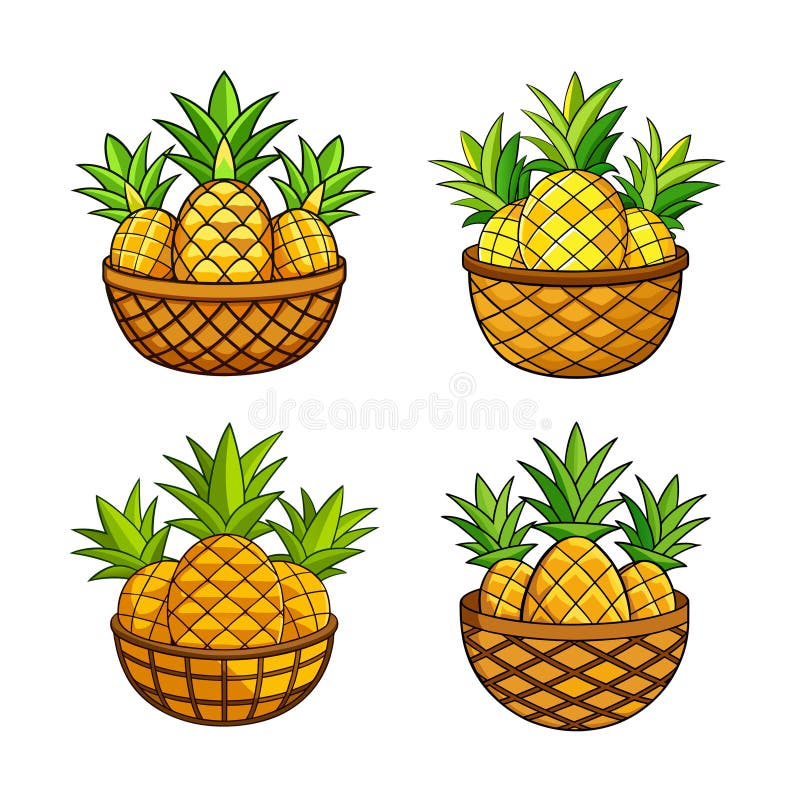 Cartoon Pineapples in a Basket, Summer Tropical Fruit Stock Vector ...