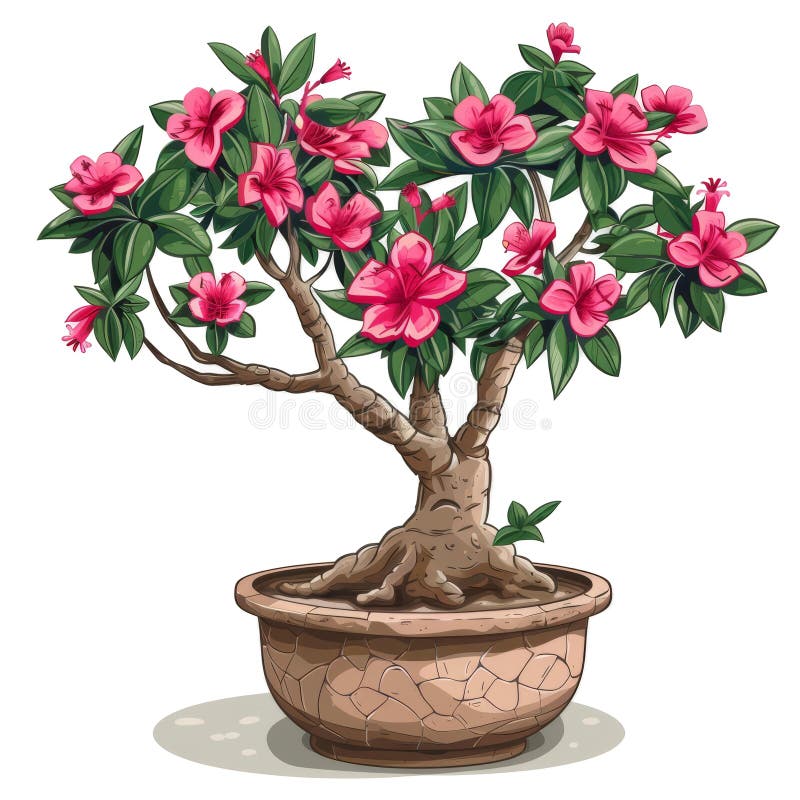 Cartoon Pink Azalea Bonsai Tree in Pot Isolated Stock Illustration ...