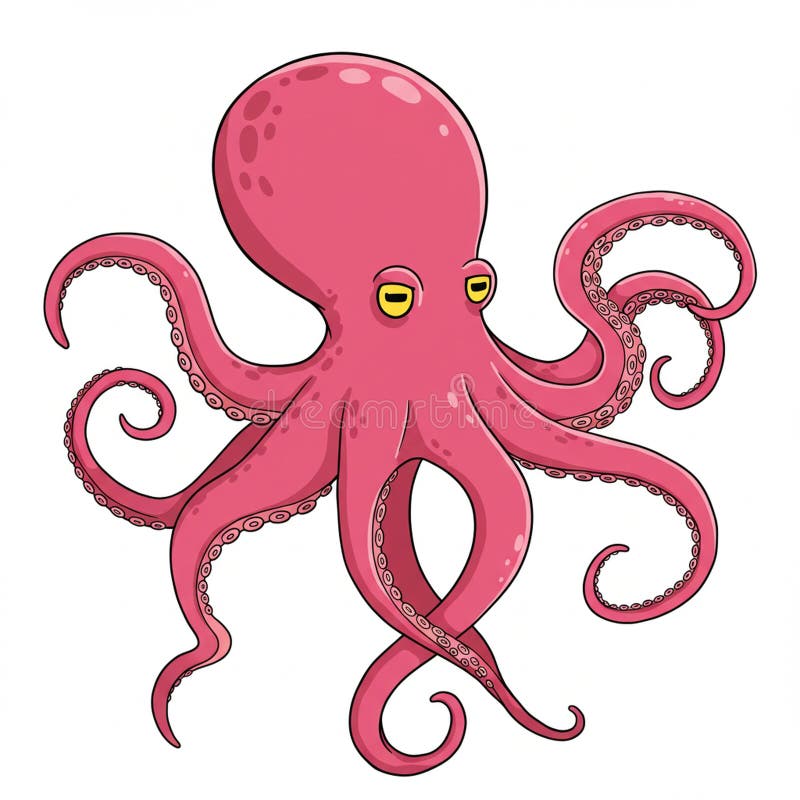 Cartoon Pink Octopus with Eight Tentacles, Rounded Head, and Yellow ...