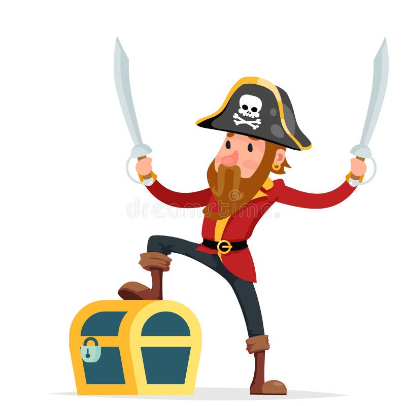 Cartoon Pirate with Treasure Chest Character Design Vector Illustration ...