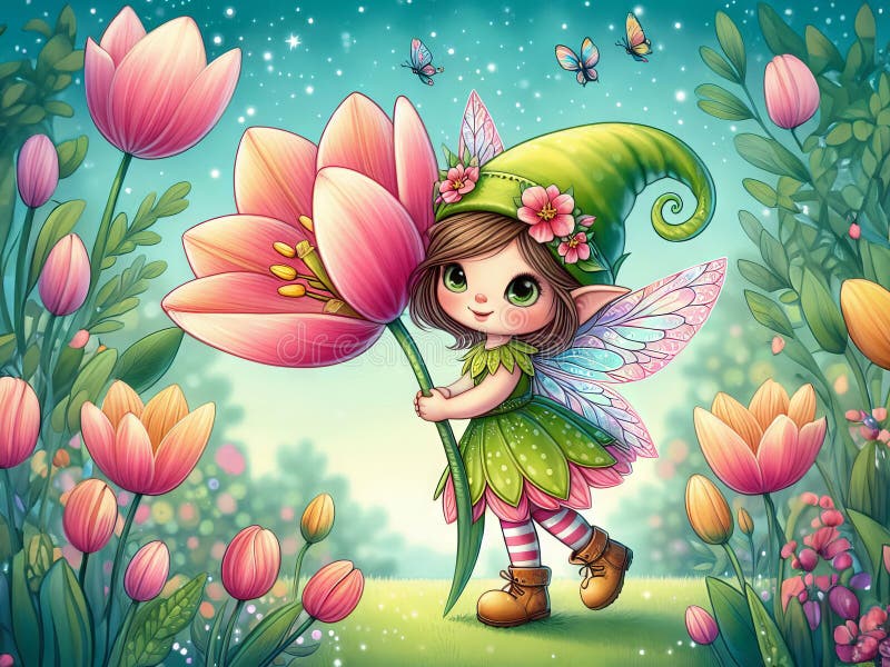 Cartoon Pixie in Tulip Garden Stock Illustration - Illustration of illustrated, fairy: 332944557