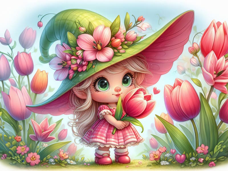 Cartoon Pixie in Tulip Garden Stock Illustration - Illustration of ...