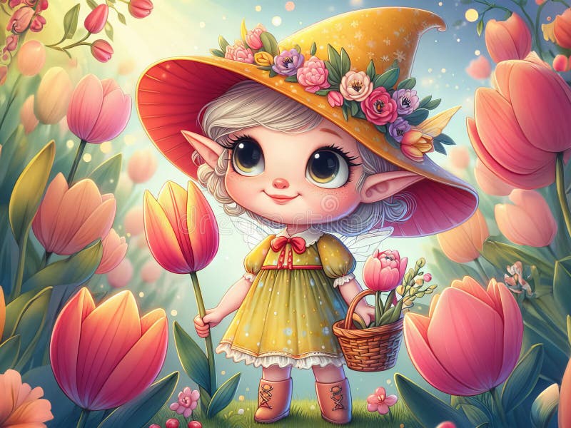 Cartoon Pixie in Tulip Garden Stock Illustration - Illustration of ...