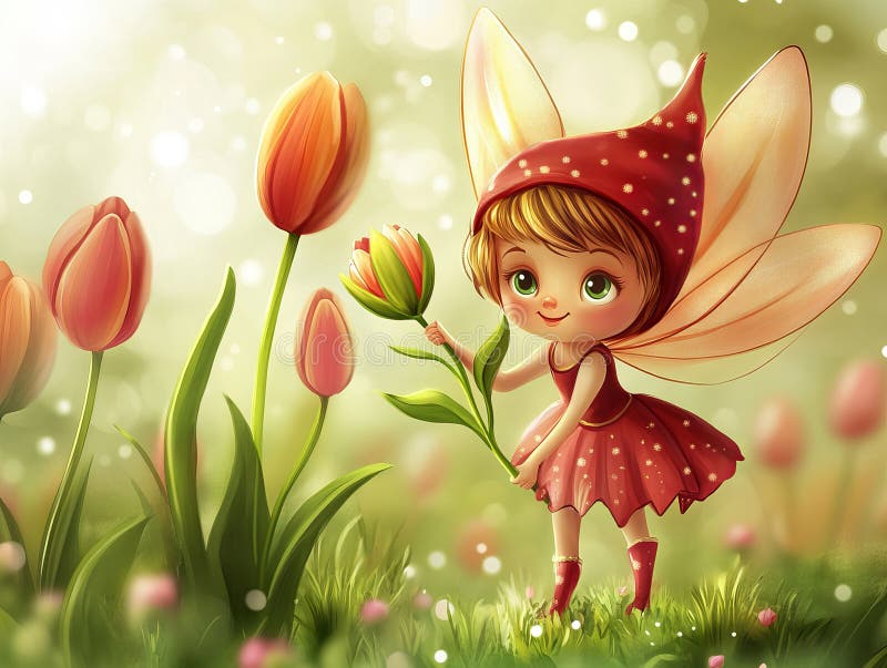 Cartoon Pixie in Tulip Garden Stock Illustration - Illustration of copy ...