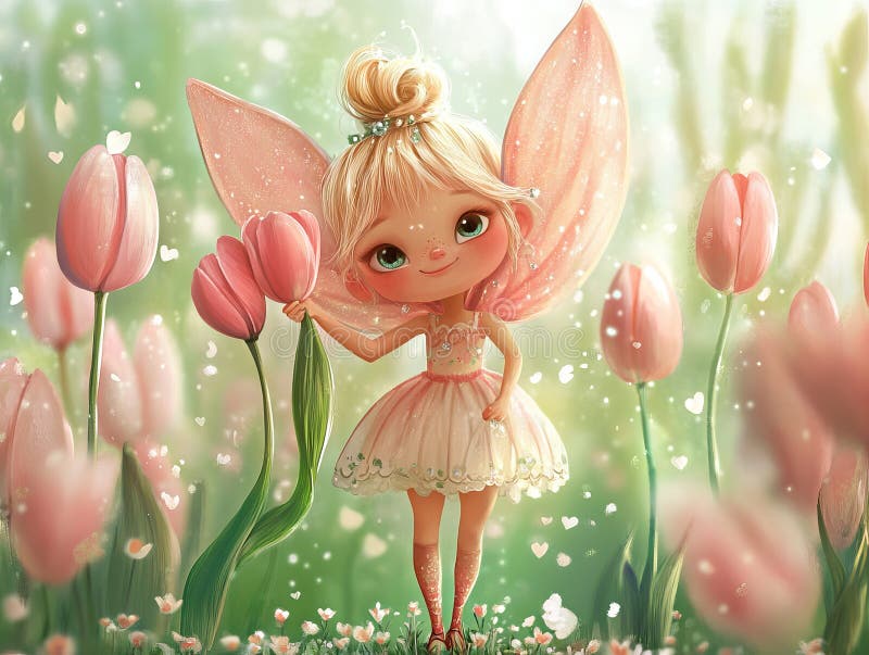 Cartoon Pixie in Tulip Garden Stock Illustration - Illustration of ...