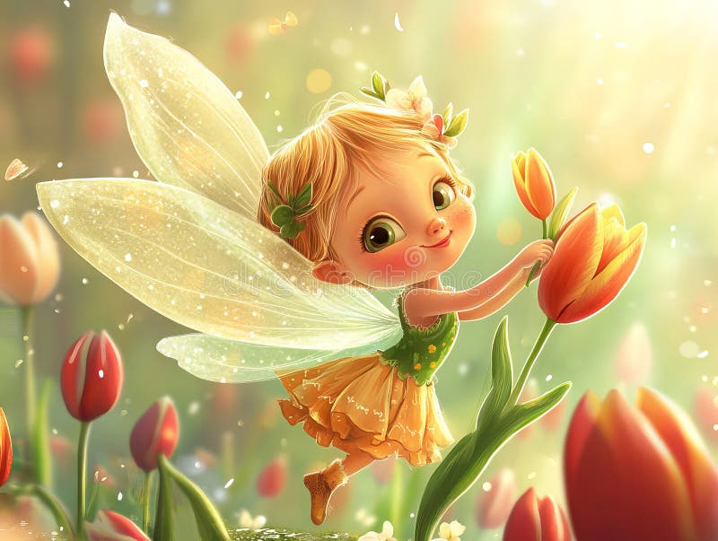 Cartoon Pixie in Tulip Garden Stock Illustration - Illustration of ...
