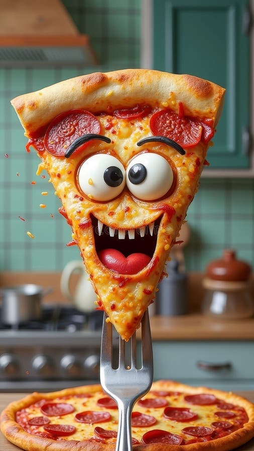 Cartoon Pizza Slice with Animated Face in Kitchen Setting Stock ...
