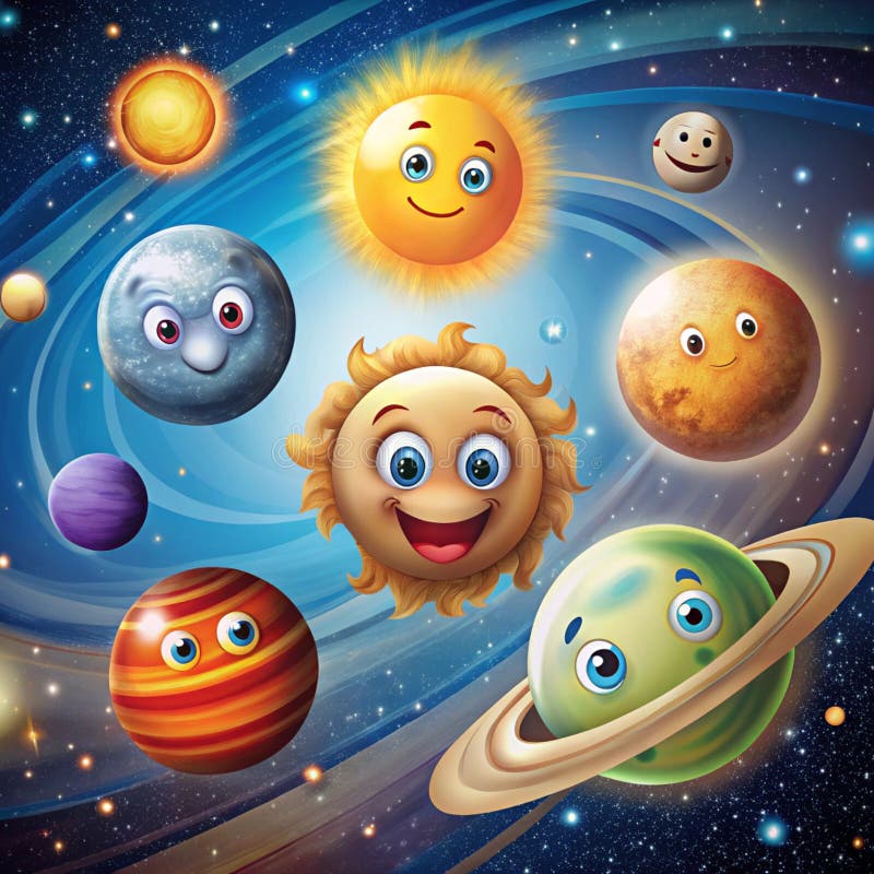 Cartoon Planets with Happy Faces in Space Stock Illustration ...