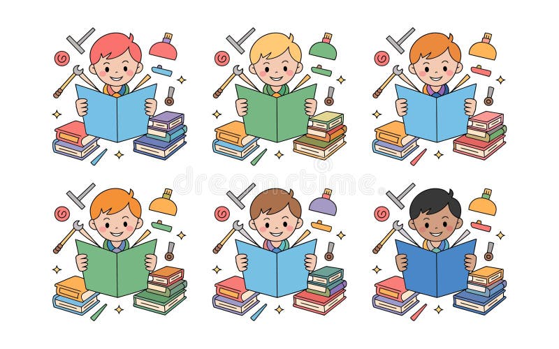 Cartoon Plumber Boy Reading Book Surrounded by Tools and Stack of Books ...