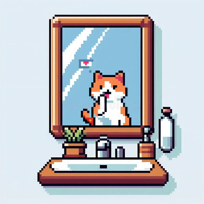 Cartoon Portrait of a Cat Looking in the Mirror, Pixel Art Stock ...