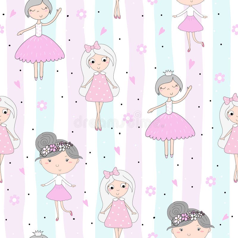 Cartoon Positive Seamless Pattern with Cute Girls and Cat on a Rainbow ...