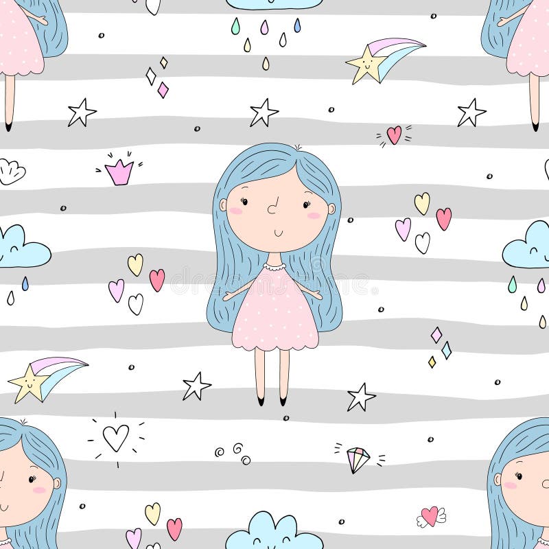 Cartoon Positive Seamless Pattern with Cute Girls Stock Vector ...
