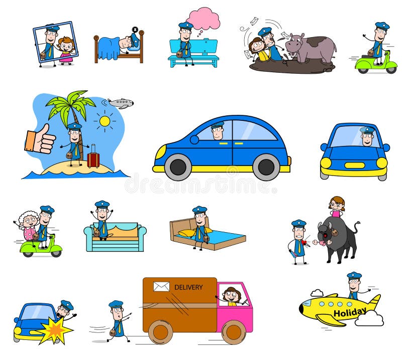 Cartoon Postman Character - Collection of Concepts Vector Illustrations ...