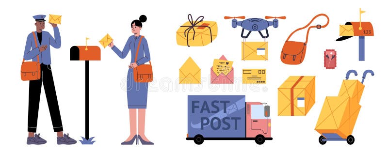 Cartoon Postman and Mail Elements. Postal Envelopes and Boxes. Sending ...