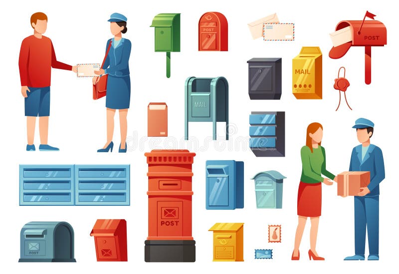 Cartoon Postman and Mail. Postal Service and Classic Mailboxes ...