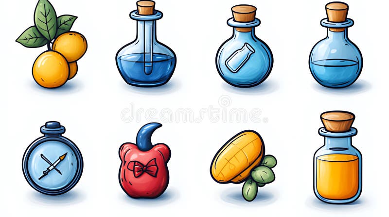 Cartoon Potion Icons Game Design Assets White Background Stock ...