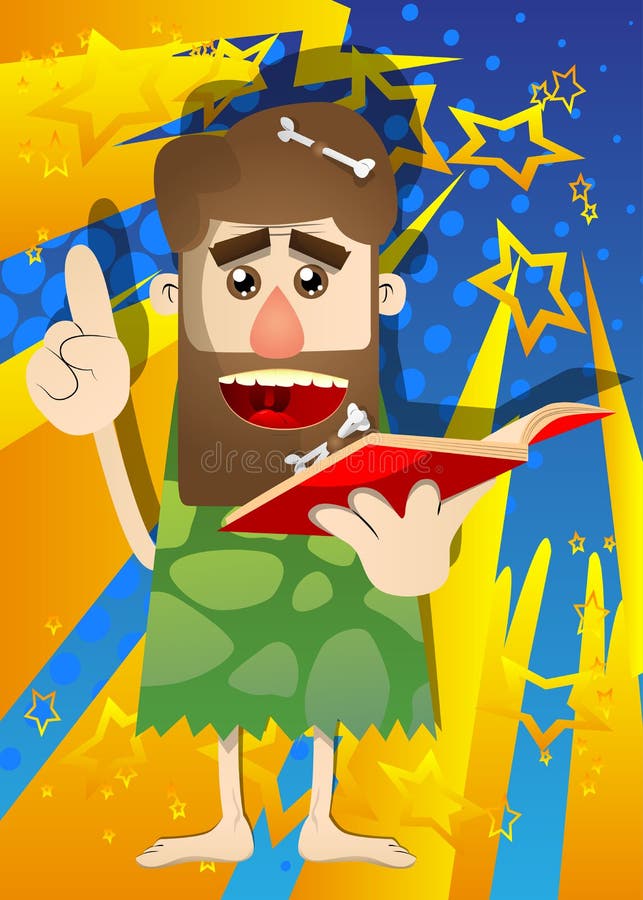 Prehistoric Man Reading a Red Book and Making a Point. Stock Vector ...