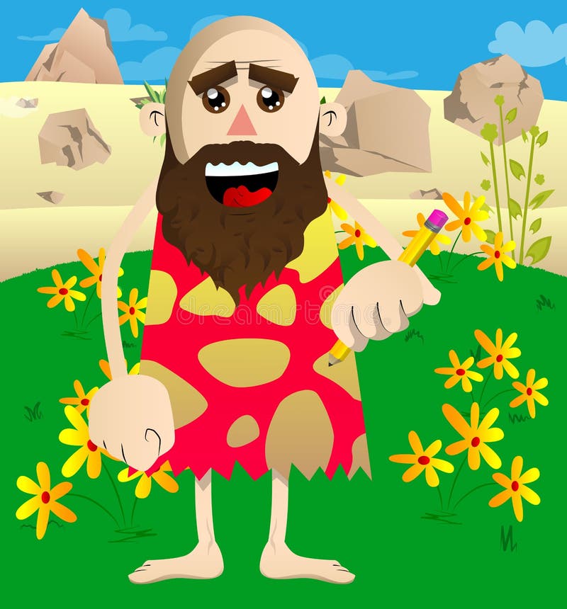 Prehistoric Man Writing with Pencil. Stock Vector - Illustration of ...