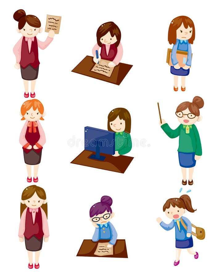 Cartoon Pretty Office Woman Worker Icon Set Stock Vector - Illustration ...