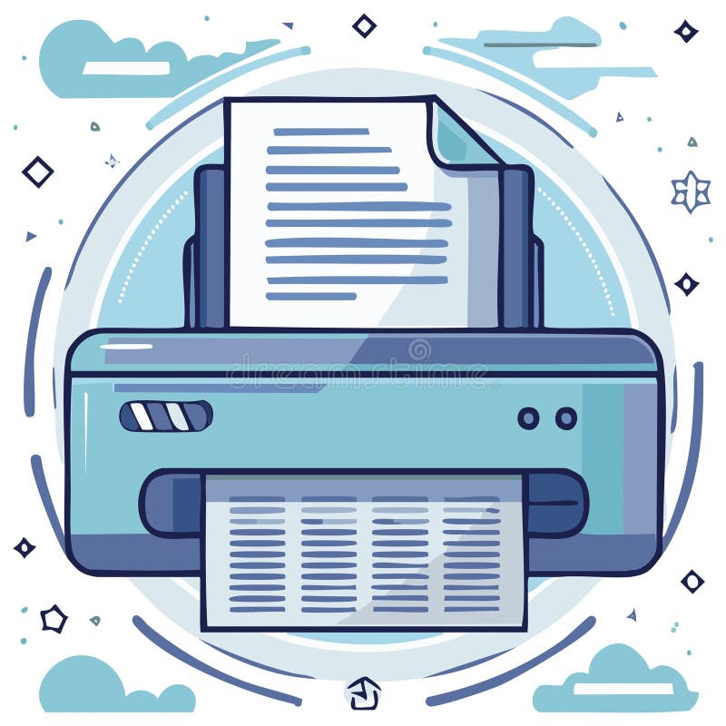 Cartoon Printer Printing Documents on Paper, Blue and White, Cute Style ...