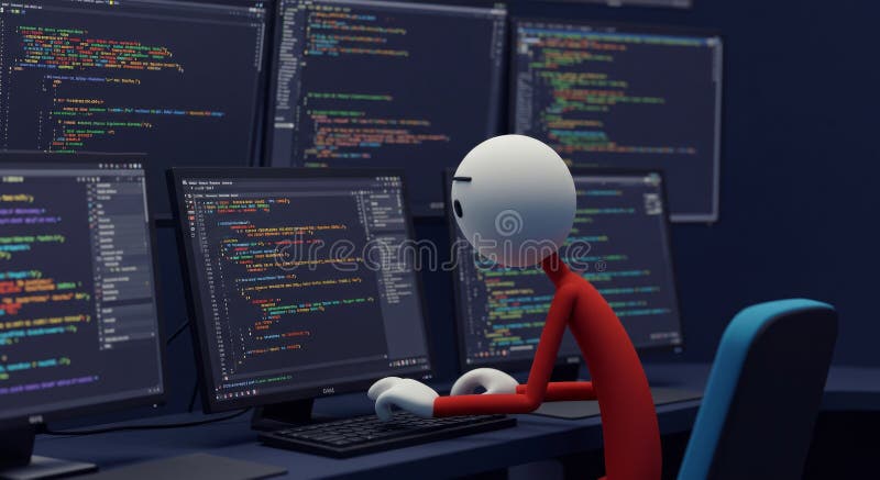 Cartoon Programmer Focused on Debugging Multiple Screens with Lines of Code Stock Illustration ...