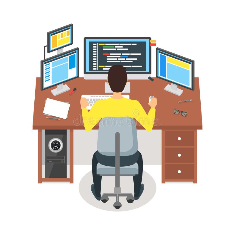 Cartoon Programmer At Work Web Developer Working On Laptop In The Office Programming Concept