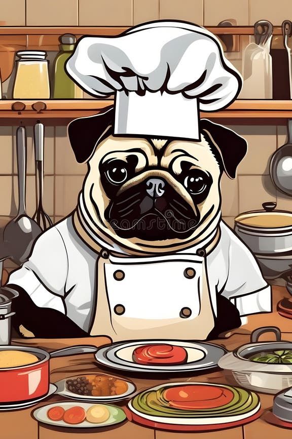Cartoon Pug Chef Preparing Meals in a Kitchen Setting. Stock ...