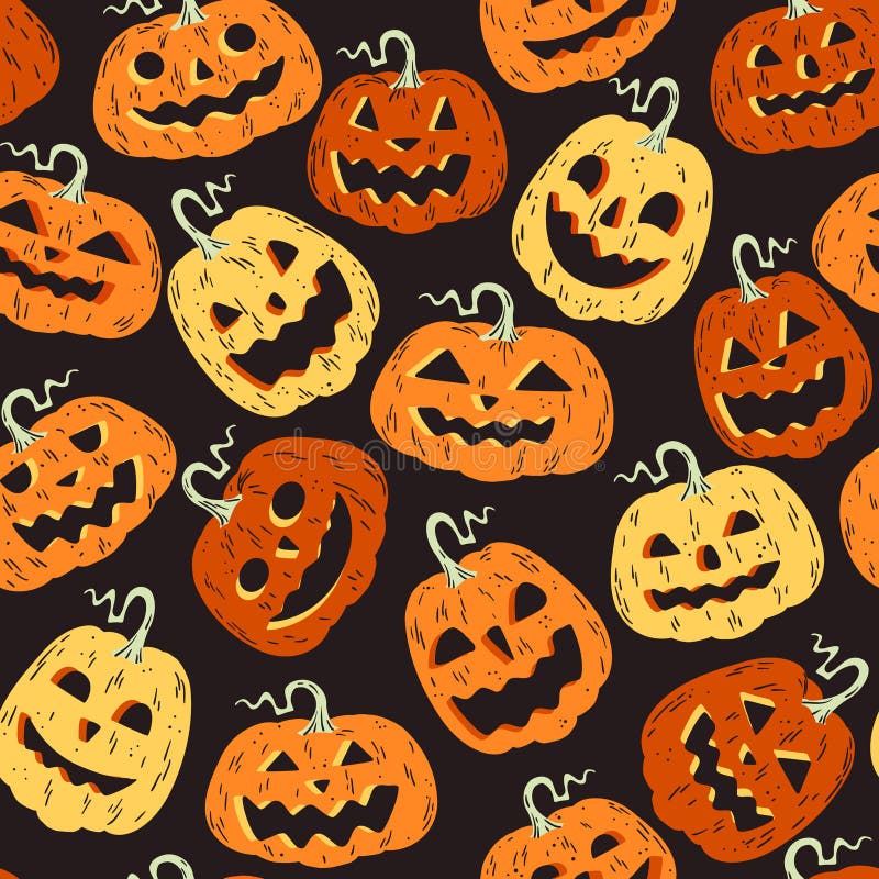 Cartoon Pumpkins, Halloween Vector Seamless Pattern Stock Vector ...