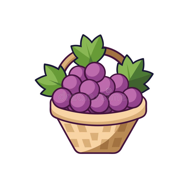Cartoon Purple Grapes in Basket, Vector Illustration Stock Illustration ...