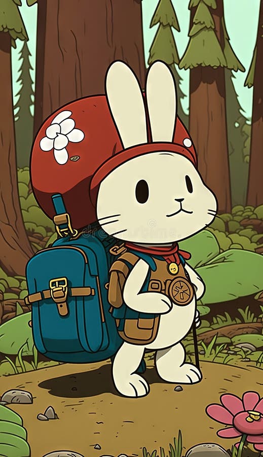A Cartoon Rabbit with a Backpack in a Forest with Flowers. Generative ...