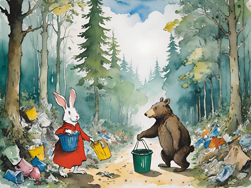 Cartoon Rabbit and Bear Collect Trasht for the Environment. Stock ...