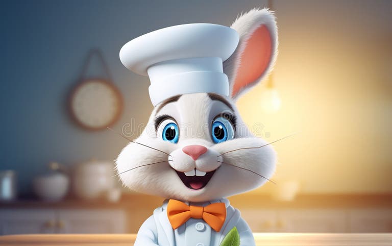 Cartoon Rabbit with Chef Hat and Bow Tie - 3D Illustration Stock ...