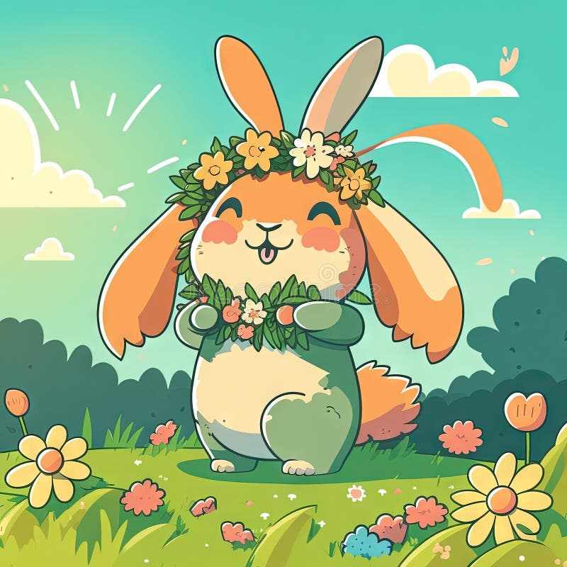 A Cartoon Rabbit with a Flower Crown on Its Head Sitting in a Field ...