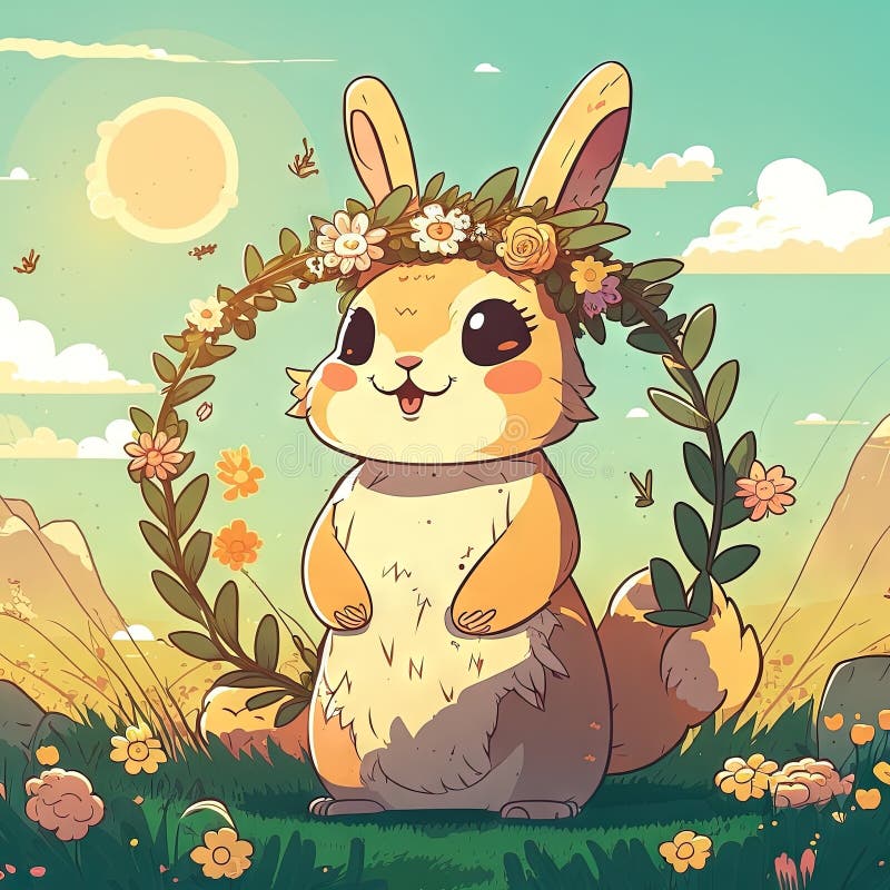 A Cartoon Rabbit with a Flower Crown on Its Head Sitting in the Grass ...