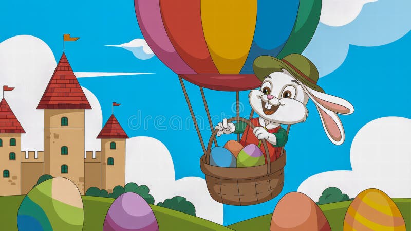 Cartoon Rabbit Flying Over Hills and Castle with Eggs Stock Image ...