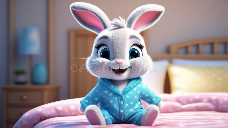 A Cartoon Rabbit is Sitting on a Bed in Pajamas. the Rabbit is Smiling ...