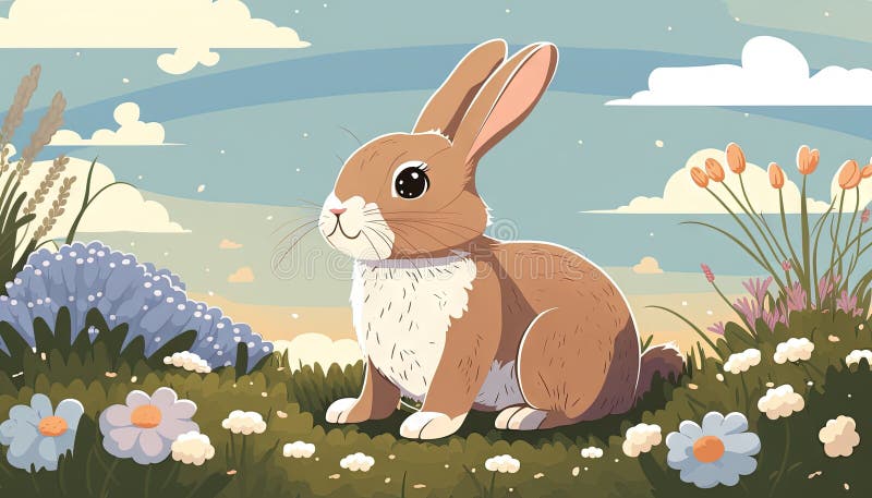 A Cartoon Rabbit Sitting in a Field of Flowers and Grass Stock ...